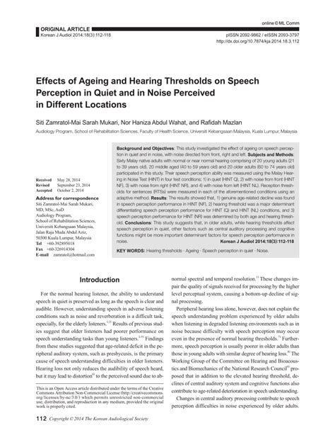 PDF Effects Of Ageing And Hearing Thresholds On Speech Perception In Quiet And In Noise