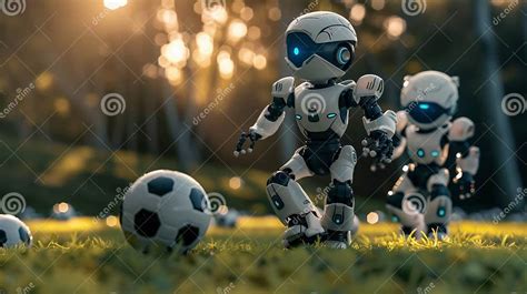 Cute Robots Play Football Humanoid Cyborgs Have Soccer Training With Ball Stock Illustration