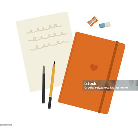 연필 종이 연필 깎기 지우개 두 개가 있는 손으로 그린 스케치북 맨 위 보기입니다 다이어리에 대한 스톡 벡터 아트 및 기타 이미지 다이어리 벡터 쓰기 Istock