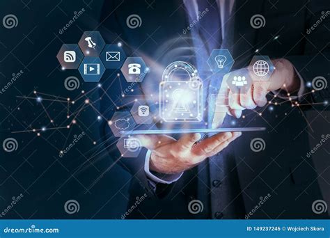 Business Man Secures Network Data Personal Information On Tablet Data Protection Privacy