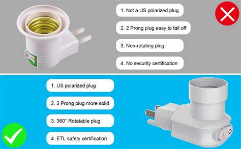 2 Pack Plug In Light Socket 3 Prong Light Bulb Socket Adapter 360 Rotatable Light Bulb Plug