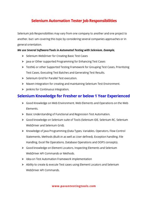selenium automation tester job responsibilities download free pdf