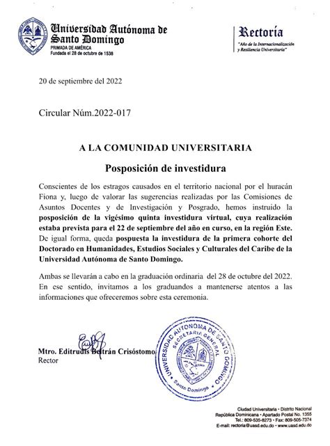 Universidad Uasd On Twitter Aviso De Posposici N De Investidura De