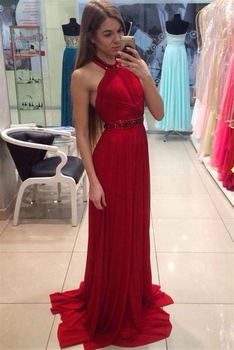 Pretty Red Long Evening Dressessparkly Chiffon Prom Dresses For Teens