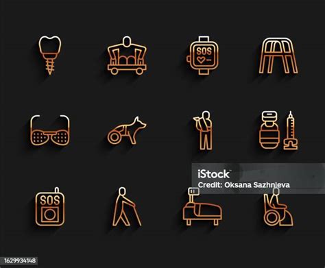 세트 라인 Sos 버튼 시각 장애인 인간 홀딩 스틱 치과 임플란트 병원 침대 여성 휠체어 개 주사기 및 인간 부러진 팔 아이콘을 누릅니다 벡터 개에 대한 스톡 벡터 아트 및