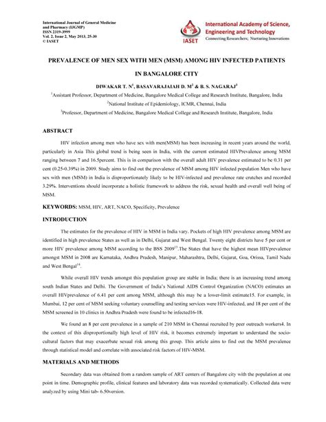 PDF PREVALENCE OF MEN SEX WITH MEN MSM AMONG HIV INFECTED PATIENTS IN BANGALORE CITY