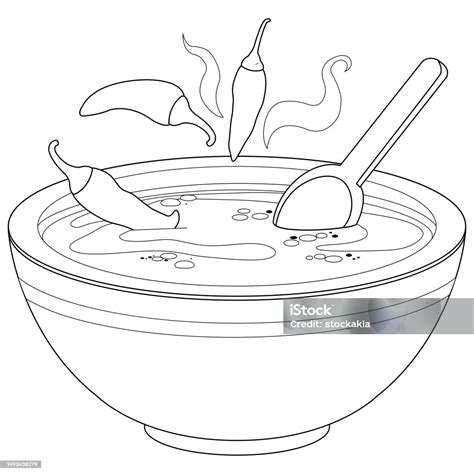 뜨거운 칠리 수프 한 그릇 벡터 흑백 색칠하기 페이지입니다 검은색에 대한 스톡 벡터 아트 및 기타 이미지 검은색 고추류