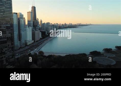 Chicago Lakefront Skyline At Dusk With Lake Michigan Aerial View Of