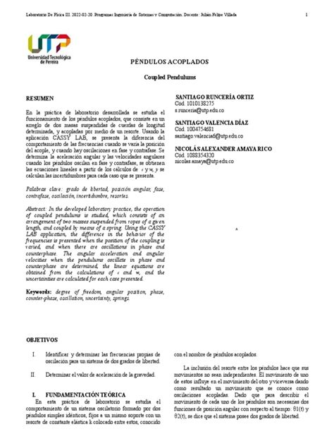 Informe 1 Laboratorio De Física 3 Pdf Péndulo Oscilación