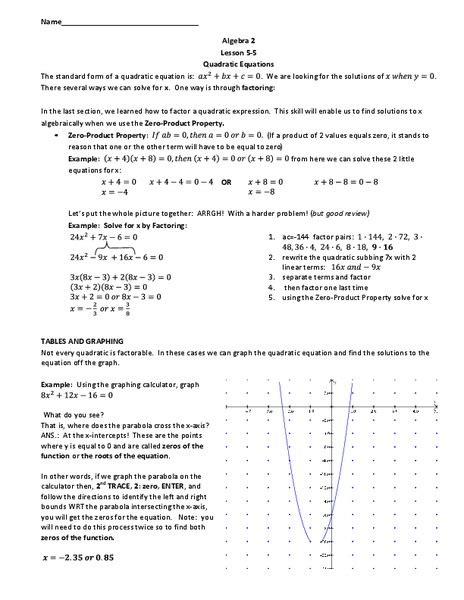 Quadratic Equations Worksheet For 8th 10th Grade Lesson Planet