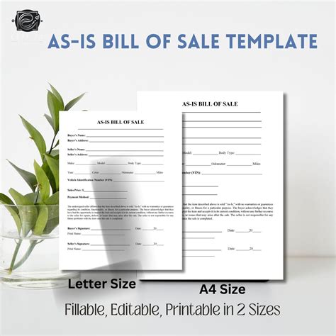 As Is Bill Of Sale Template Vehicle Sale Agreement Fillable Pdf