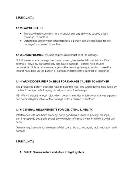 Law Of Delict Notes Study Unit 1 11 Law Of Delict The Act Of A