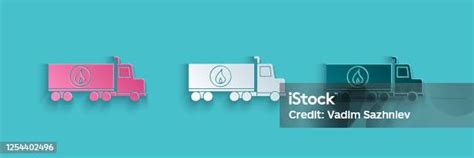 파란색 배경에 격리 된 유조선 트럭 아이콘을 종이 잘라 석유 유조선 가솔린 트럭 시스테른 석유 트레일러 종이 아트 스타일 벡터 일러스트레이션 3차원 형태에 대한 스톡 벡터