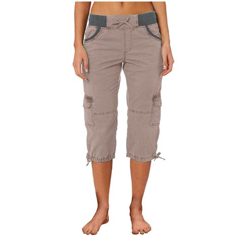 Women Elastic Mid Waisted Cropped Pants With Pockets Lace Up Capris