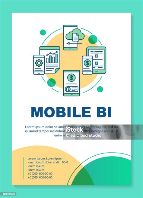 모바일 Bi 포스터 템플릿 레이아웃입니다 비즈니스 인텔리전스 모바일 데이터 분석 배너 소책자 선형 아이콘이있는 전단지 인쇄