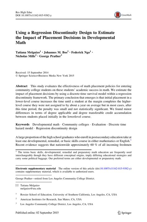 Pdf Using A Regression Discontinuity Design To Estimate The Impact Of Placement Decisions In