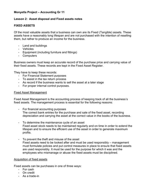 Fixed Assets And Disposal Accounting Lesson Notes