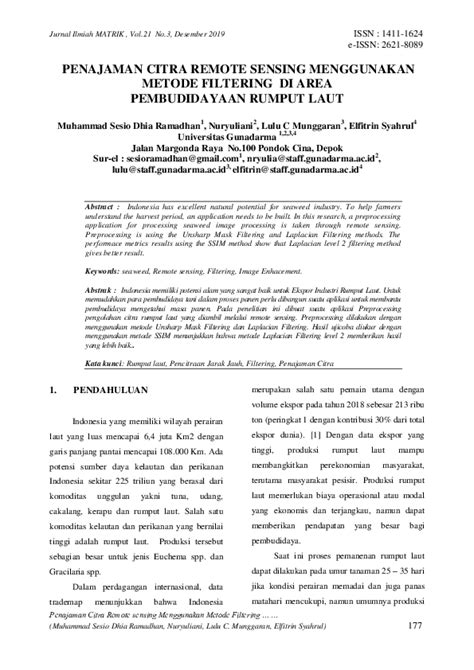 Pdf Penajaman Citra Remote Sensing Menggunakan Metode Filtering Di Area Pembudidayaan Rumput