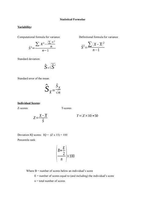 Statistical Formulae Formula Sheet Statistical Formulae Variability