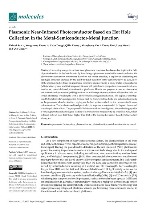 Pdf Plasmonic Near Infrared Photoconductor Based On Hot Hole