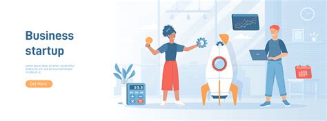 창업 남자와 여자가 로켓 발사를 준비하고 있다 프로젝트 성공 사업 계획 소셜 미디어 홍보 자료에 적합한 플랫 개념입니다 흰색 배경에 웹 사이트 배너입니다 Ship