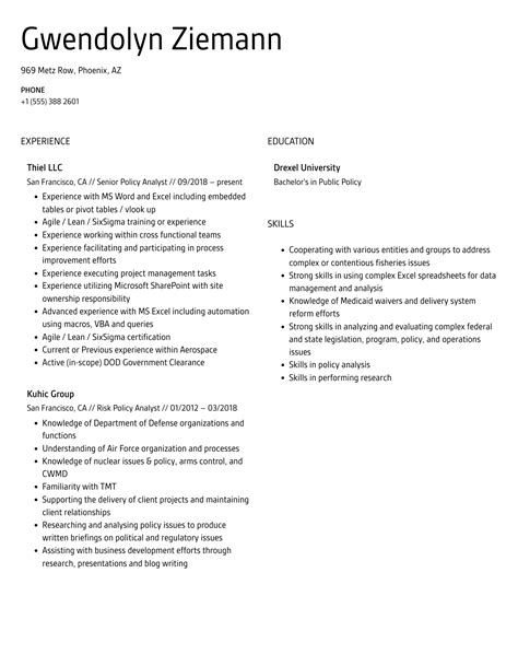 Policy Analyst Resume Samples Velvet Jobs