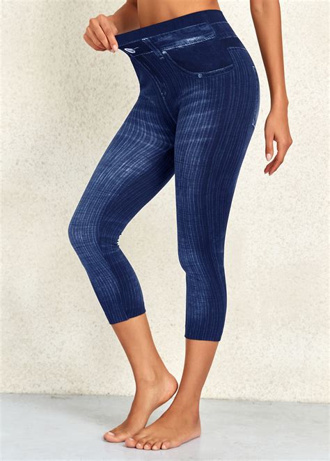 Denim Blue Elastic Waist High Waisted Capri Leggings Usd