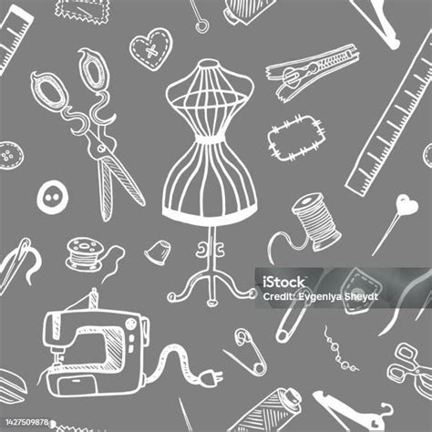 흰색 배경에 흩어져있는 바느질 도구 선형 아이콘이있는 완벽한 패턴 재단사 및 바늘 작업을위한 재봉사 용품을 개략적으로 설명합니다 수제 아이 옷 포장지 디자인 벡터에 대한