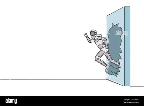 Single Continuous Line Drawing Young Astronaut Run And Breaking Through Brick Wall In Moon