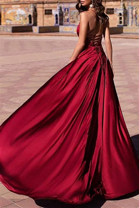 Burgundy Satin A Line V Neck Long Prom Dresses With Double Slit V Nec