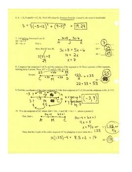 Midpoint Distance Formulas Segment Addition Worksheet With Answer Key
