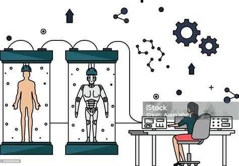 극저온 캡슐 벡터 디자인 생체 기계 혁명 기호 인류 기호 재정의 공생 일러스트레이션 행동 복제 및 휴머노이드 로봇 개념의 재생과