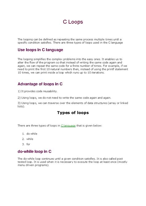 C Loops Notes C Loops The Looping Can Be Defined As Repeating The Same Process Multiple