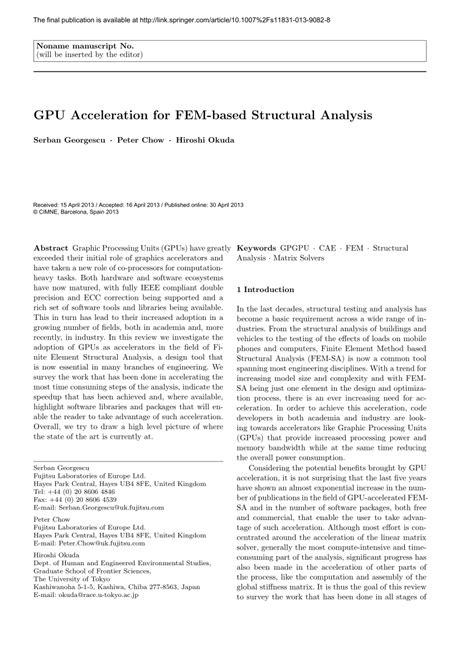 Pdf Gpu Acceleration For Fem Based Structural Analysis