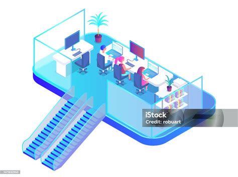 사람들은 공동 작업 사무실 현대적인 작업 공간 인테리어 디자인에서 일합니다 직원 직장 오픈 오피스 가구에 대한 스톡 벡터 아트
