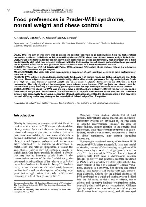 Pdf Food Preferences In Prader Willi Syndrome Normal Weight And