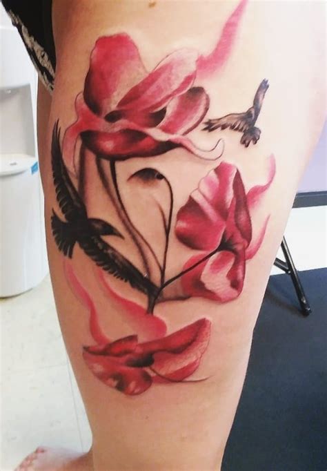 Glamorous Watercolor Tattoo Of Birds With Flower On Thigh Blurmark