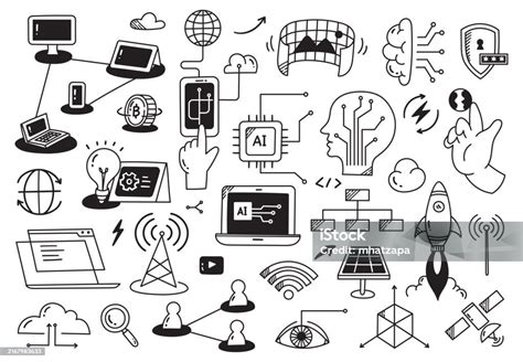 손으로 그린 기술 및 Ai 기념일 로고 아이콘 세트 인공 지능 블록 체인 및 기술 개념의 벡터 일러스트레이션 낙서 드로잉에 대한