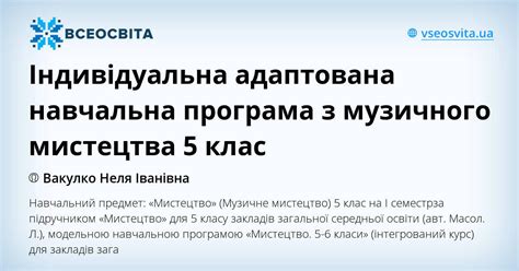 Індивідуальна адаптована навчальна програма з музичного мистецтва 5 клас Інші методичні
