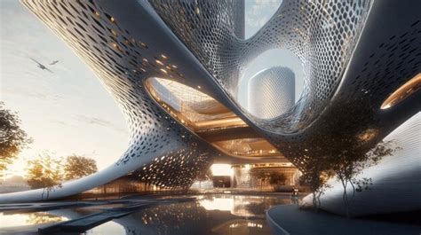 Futuristic Architectural Design With Intertwined Structures And Reflective Water Premium Ai