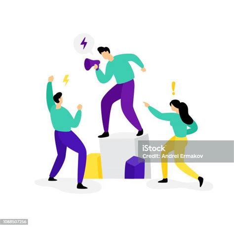 동료 중 확성기와 남자의 그림 벡터입니다 보스 팀 동기 부여 이다 항의 운동 위기 관리자입니다 사무실에서 충돌 합니다 직원 간의 분쟁 회의 관리자 합니다 개념에 대한 스톡