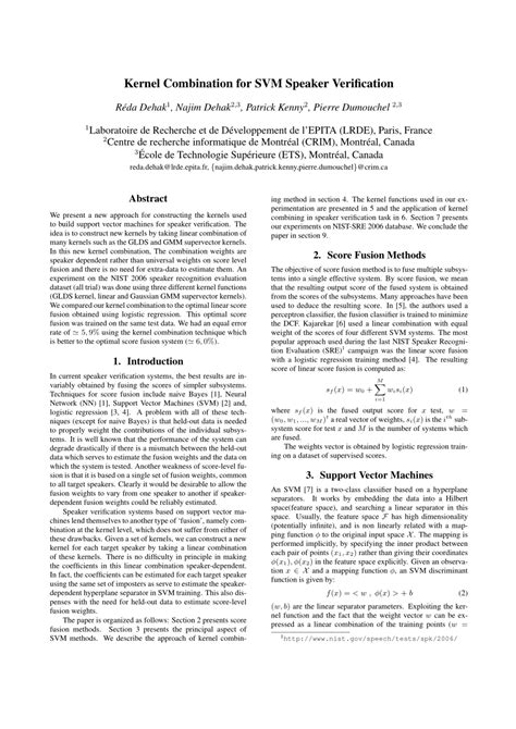 Pdf Kernel Combination For Svm Speaker Verification