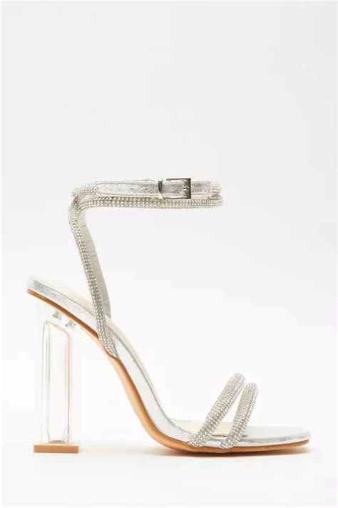 Wide Fit Silver Diamante Clear Block Heeled Sandals Quiz Clothing