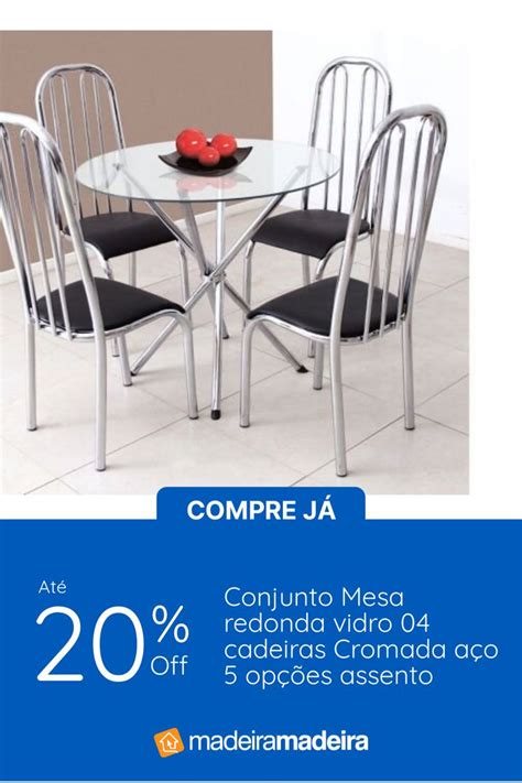 Conjunto Mesa Redonda Vidro Cadeiras Cromada Aço Opções Assento MadeiraMadeira Outdoor