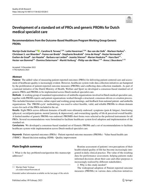 Pdf Development Of A Standard Set Of Pros And Generic Proms For Dutch Medical Specialist Care