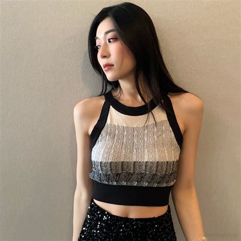 Womens Expose Navel Slim Top Fashion Womens Tank Tops Stripe Halter