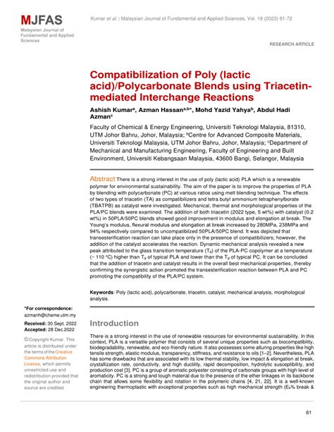 Pdf Compatibilization Of Poly Lactic Acid Polycarbonate Blends Using Triacetin Mediated
