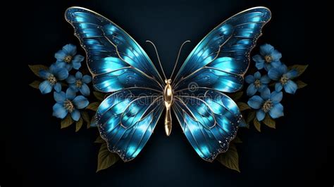 Beautiful Butterfly With Blue Flowers 3d Rendering Computer Digital