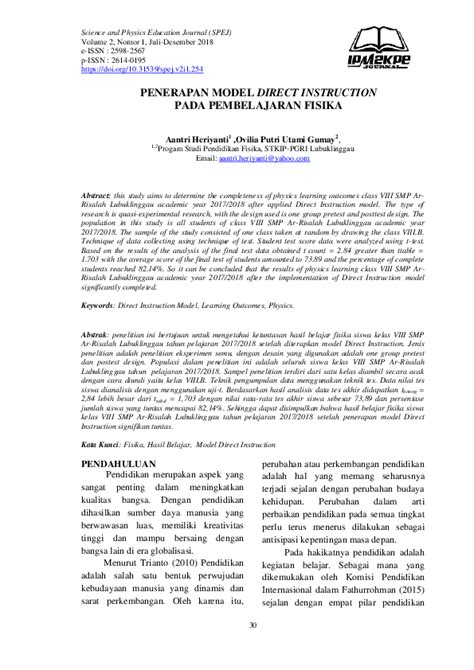 Pdf Penerapan Model Direct Instruction Pada Pembelajaran Fisika