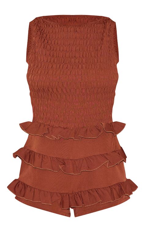 Chocolate Woven Shirred Boat Neck Playsuit Jumpsuits And Playsuits